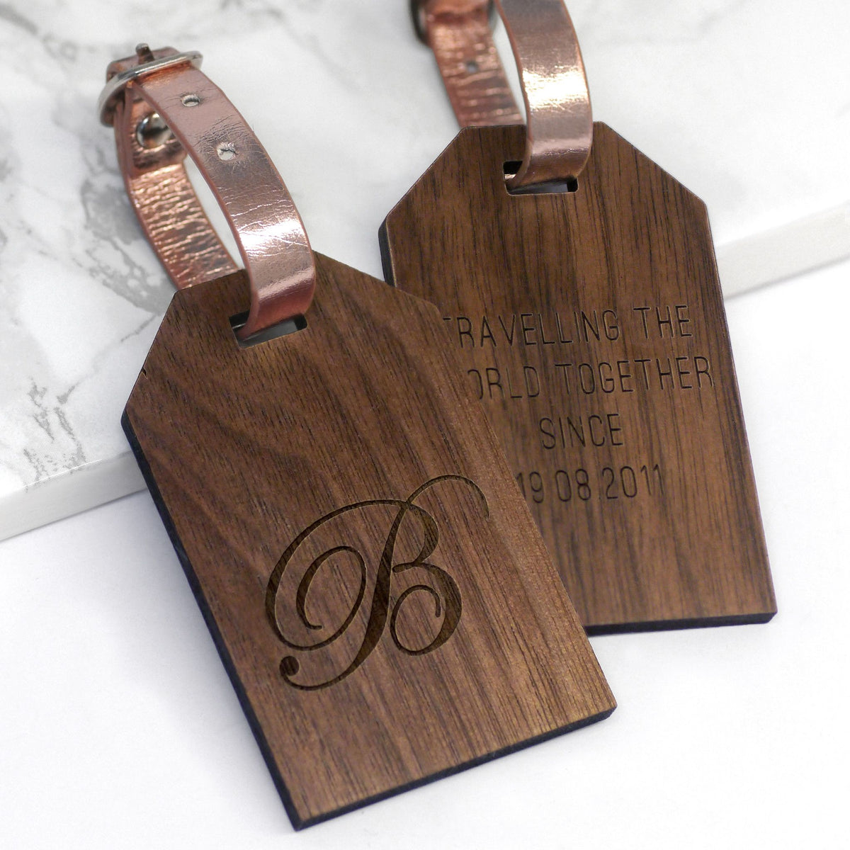 Personalised Walnut Wood Calligraphy Initial Luggage Tag – Joanna Emily
